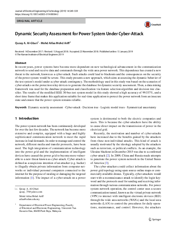 (PDF) Dynamic Security Assessment for Power System Under Cyber-Attack