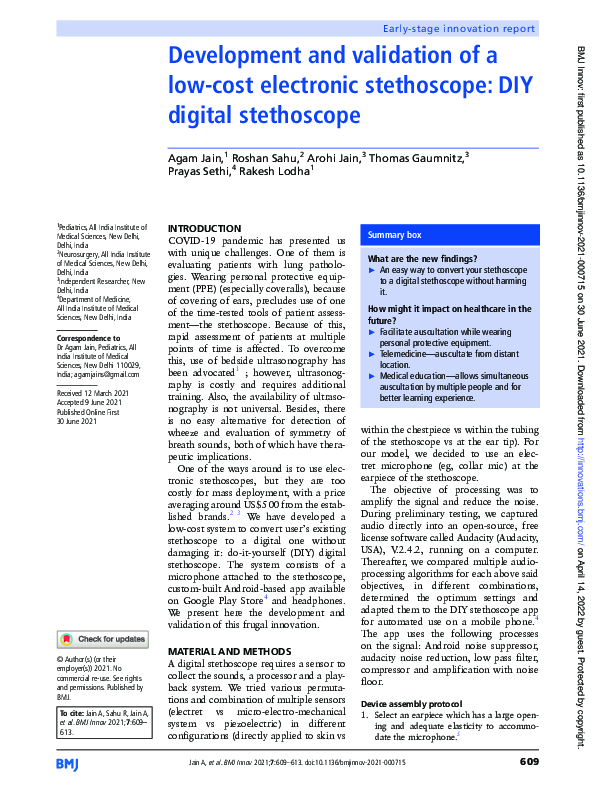 (PDF) Development and validation of a low-cost electronic stethoscope ...