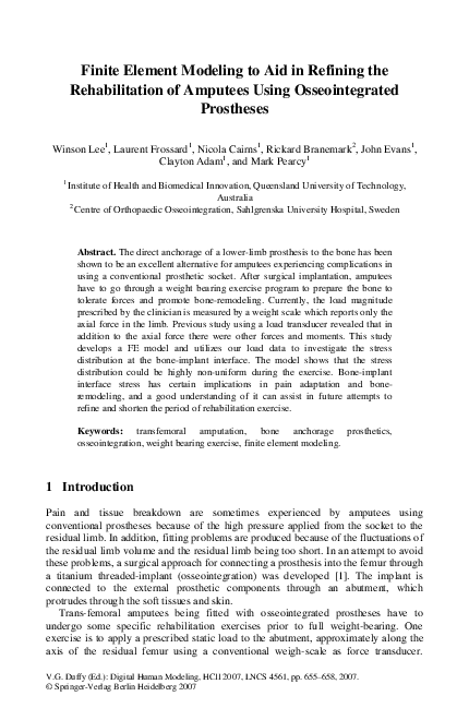 Pdf Finite Element Modeling To Aid In Refining The Rehabilitation Of Amputees Using