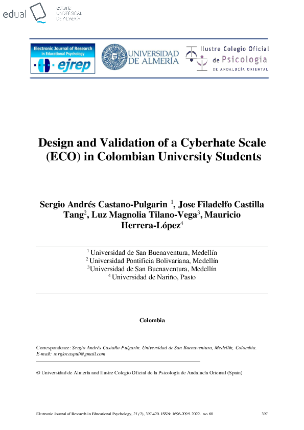 (PDF) Design and Validation of a Cyberhate Scale (ECO) in Colombian University Students