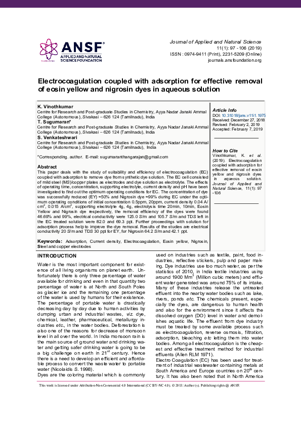 (PDF) Electrocoagulation coupled with adsorption for effective removal of eosin yellow and ...