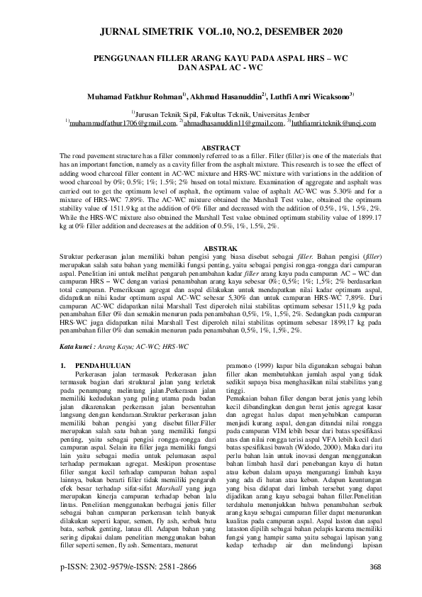 (PDF) Penggunaan Filler Arang Kayu Pada Aspal Lataston Dan Aspal Laston