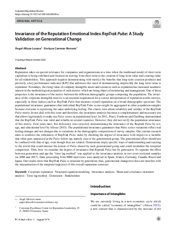 (PDF) Invariance of the Reputation Emotional Index RepTrak Pulse: A ...