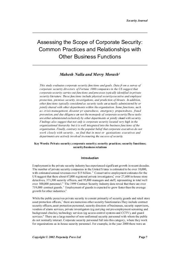 (PDF) Assessing the Scope of Corporate Security: Common Practices and ...