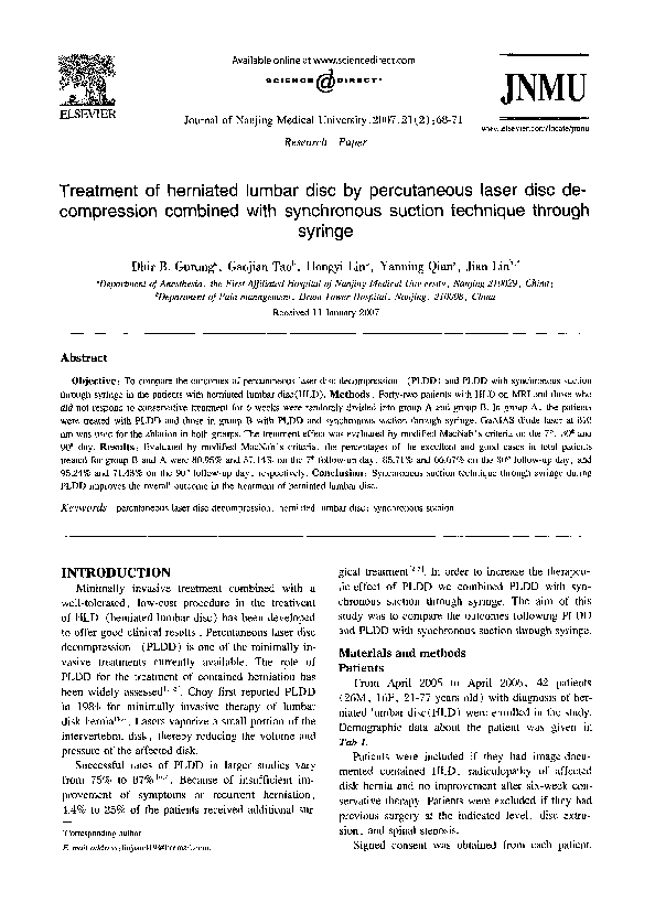 (PDF) Treatment of herniated lumbar disc by percutaneous laser disc ...