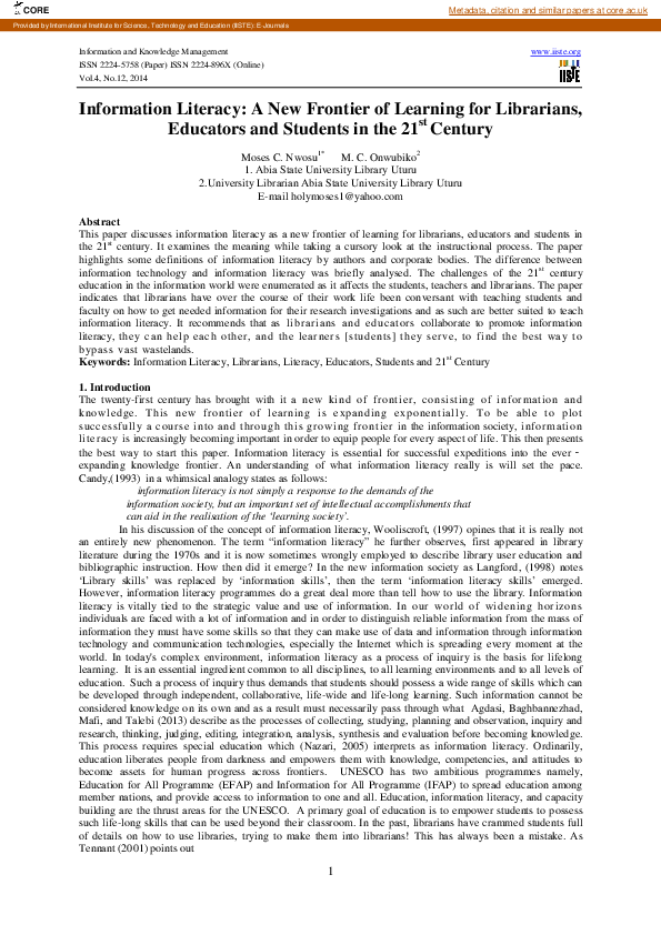 (PDF) Information Literacy: A New Frontier of Learning for Librarians ...