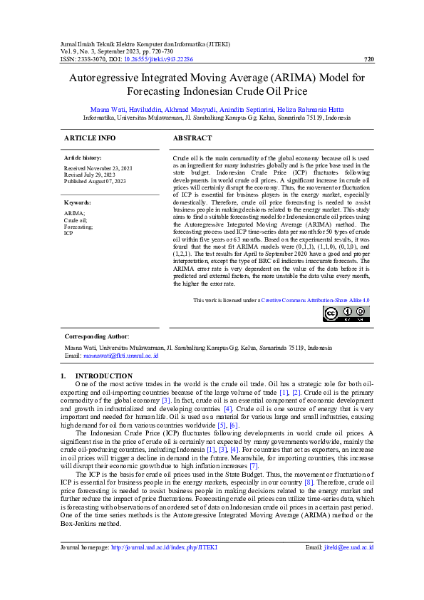 (PDF) Autoregressive Integrated Moving Average (ARIMA) Model for Forecasting Indonesian Crude ...