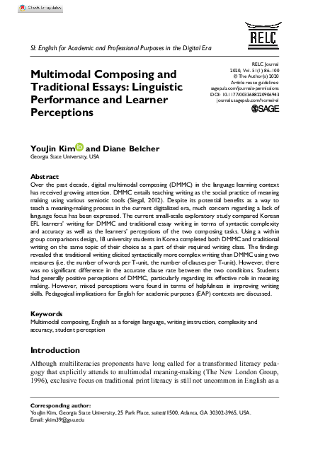 (PDF) Multimodal Composing and Traditional Essays: Linguistic Performance and Learner Perceptions
