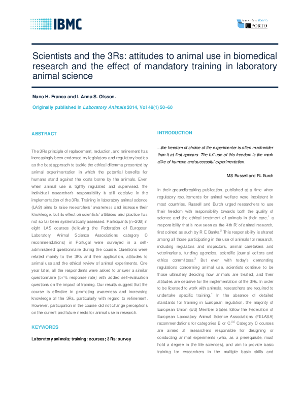 (PDF) Scientists and the 3Rs: attitudes to animal use in biomedical ...