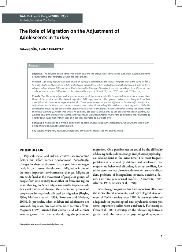 (PDF) Migration and psychological status of adolescents in Turkey