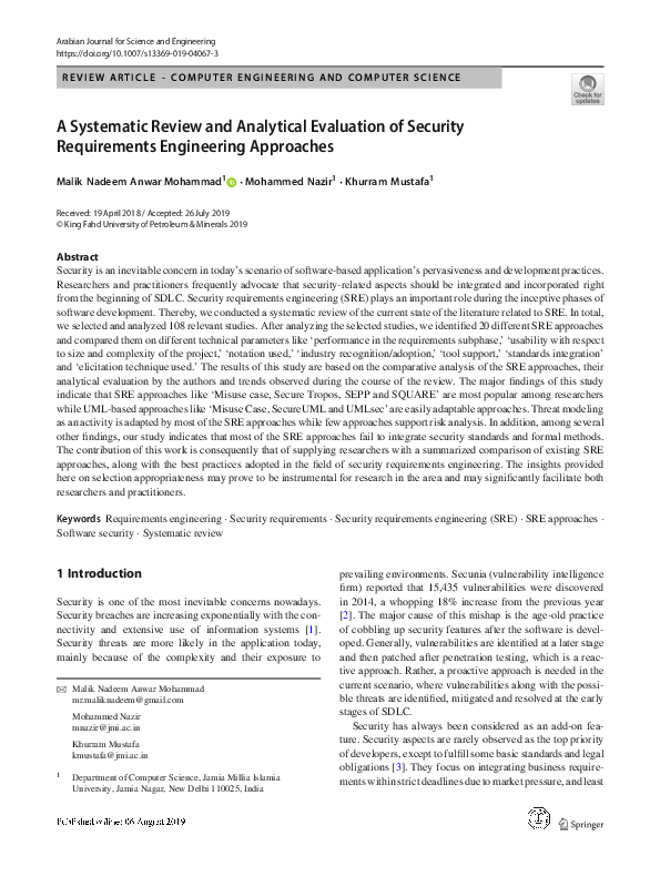 (PDF) A Systematic Review and Analytical Evaluation of Security Requirements Engineering Approaches
