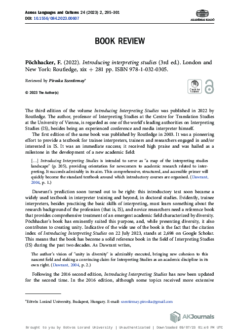 (PDF) Pöchhacker, F. (2022). Introducing interpreting studies (3rd ed ...