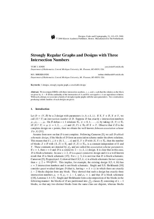 (PDF) Strongly Regular Graphs and Designs with Three Intersection Numbers