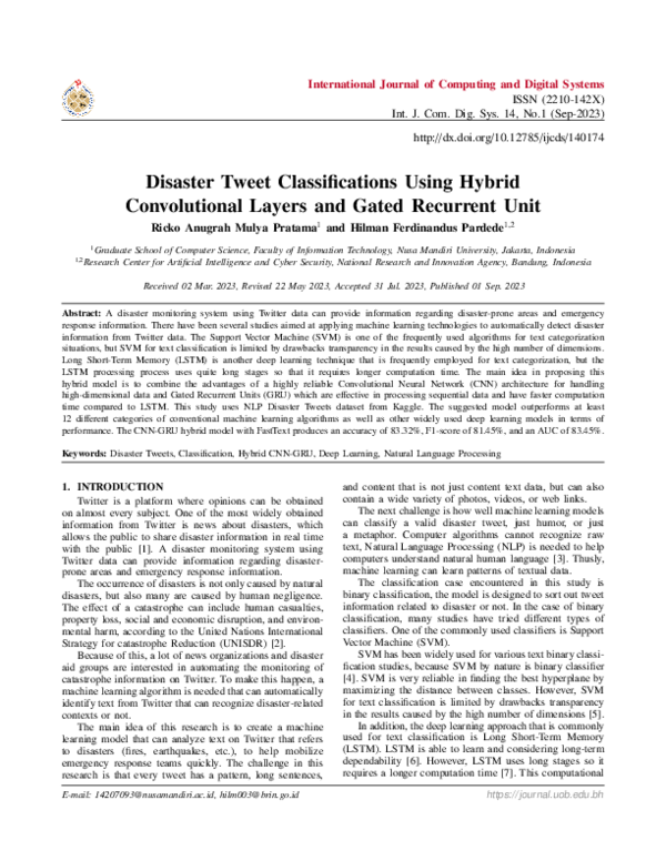 (PDF) Disaster Tweet Classifications Using Hybrid Convolutional Layers and Gated Recurrent Unit