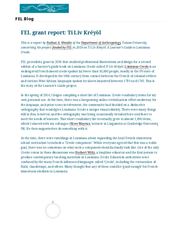 (PDF) FEL grant report Ti Liv Kréyòl -- FEL Blog 2020 | Nathan Wendte ...