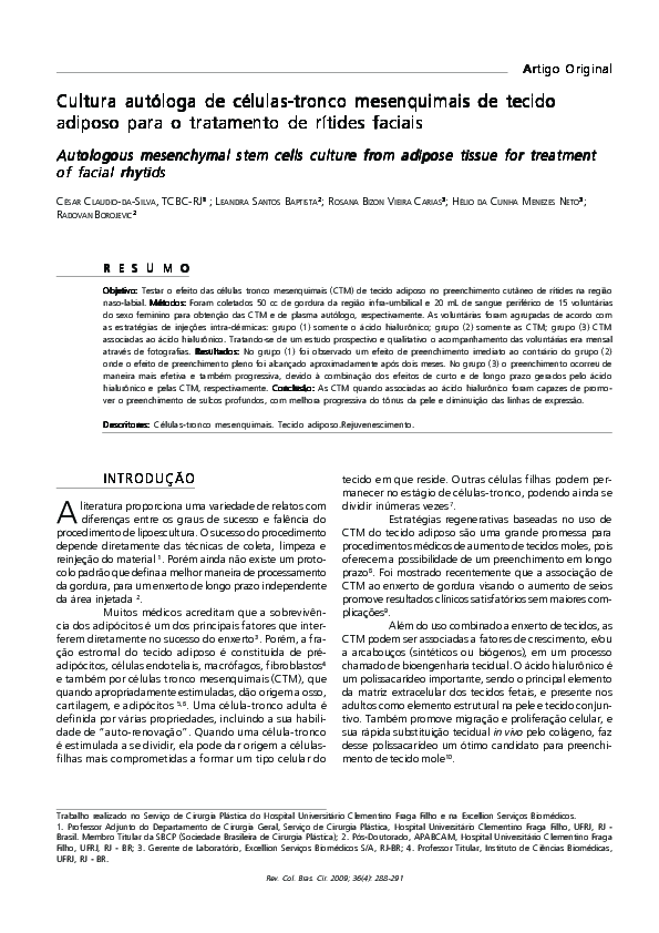 (PDF) Cultura autóloga de células-tronco mesenquimais de tecido adiposo ...