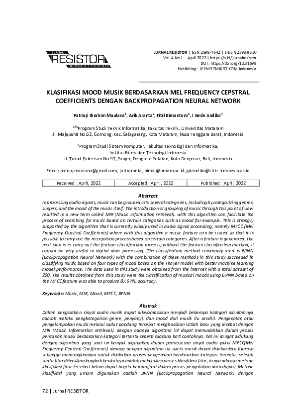 Pdf Klasifikasi Mood Musik Berdasarkan Mel Frequency Cepstral