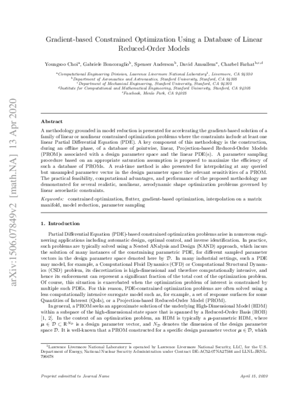 Pdf Gradient Based Constrained Optimization Using A Database Of Linear Reduced Order Models
