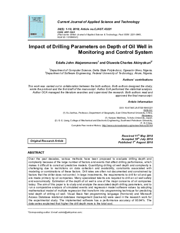 (PDF) Impact of Drilling Parameters on Depth of Oil Well in Monitoring and Control System