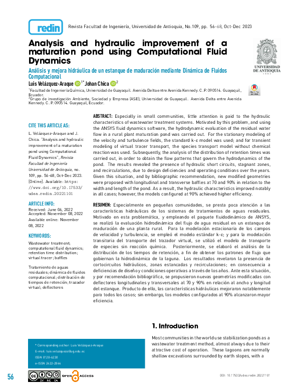 (PDF) Analysis and hydraulic improvement of a maturation pond using Computational Fluid Dynamics ...