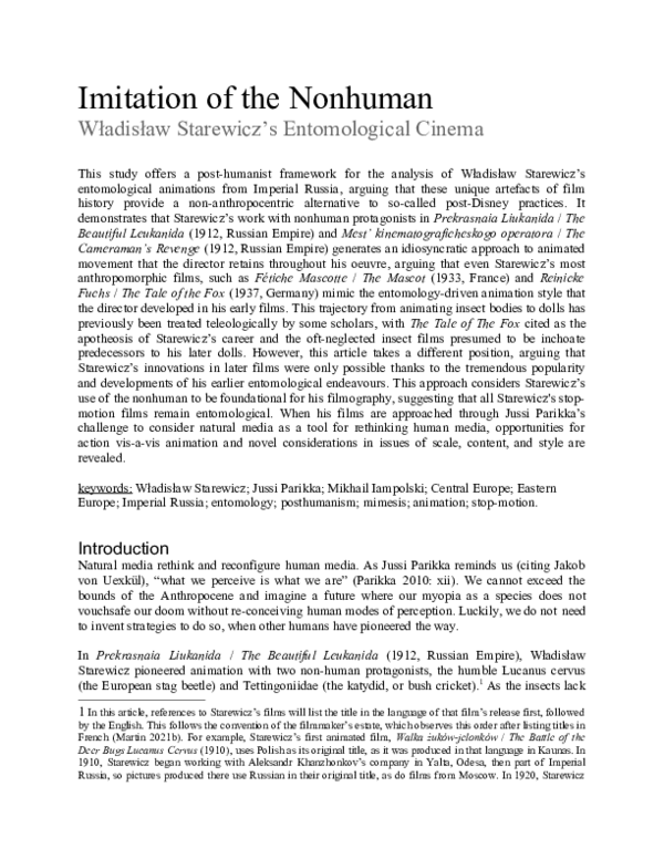 (DOC) Imitation of the Nonhuman: Władisław Starewicz’s Entomological Cinema