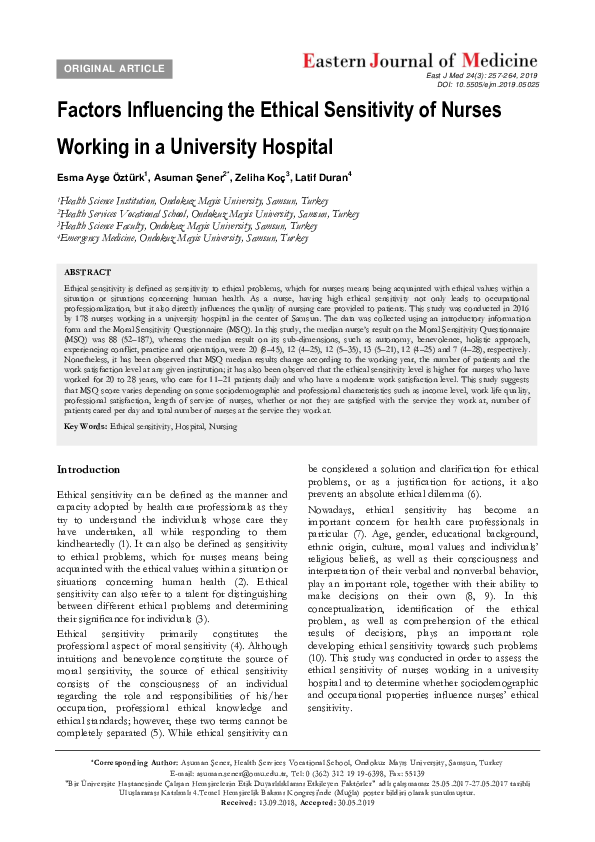 (PDF) Factors Influencing the Ethical Sensitivity of Nurses Working in a University Hospital