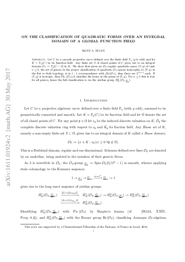 (PDF) On the classification of quadratic forms over an integral domain of a global function field