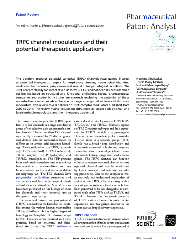 (PDF) TRPC channel modulators and their potential therapeutic applications