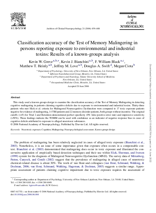 (PDF) Classification accuracy of the Test of Memory Malingering in ...
