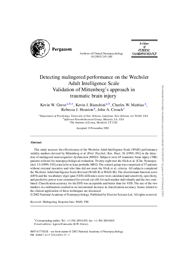 (PDF) Detecting malingered performance on the Wechsler Adult ...