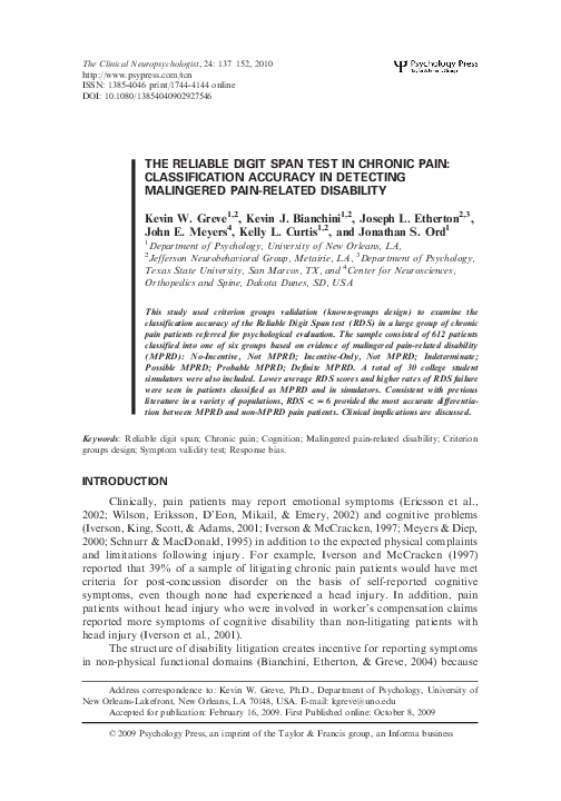 (PDF) The Reliable Digit Span Test in Chronic Pain: Classification ...