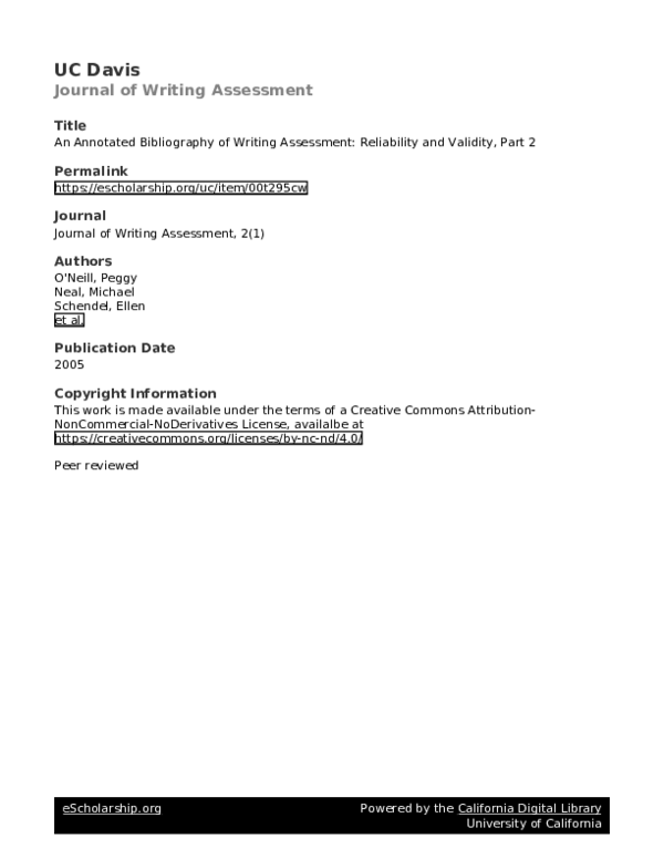 Pdf An Annotated Bibliography Of Writing Assessment Reliability And Validity Part 2 Brian