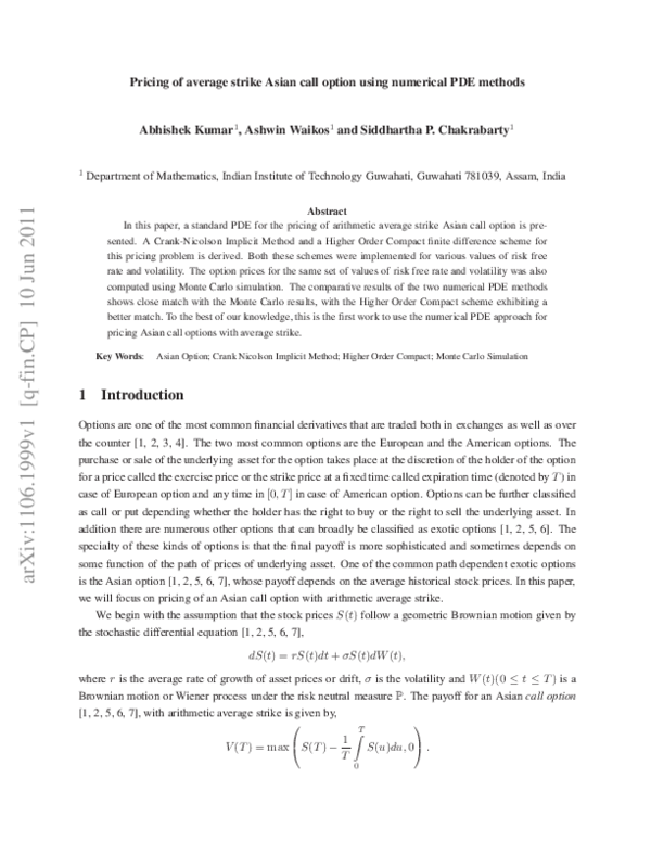 (PDF) Pricing of average strike Asian call option using numerical PDE methods | Abhishek Kumar ...