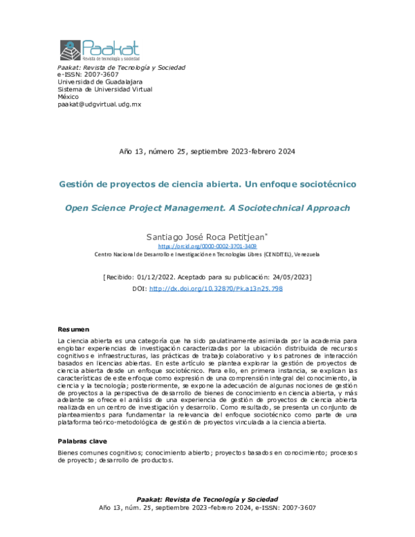 (PDF) Open Science Project Management. A Sociotechnical Approach