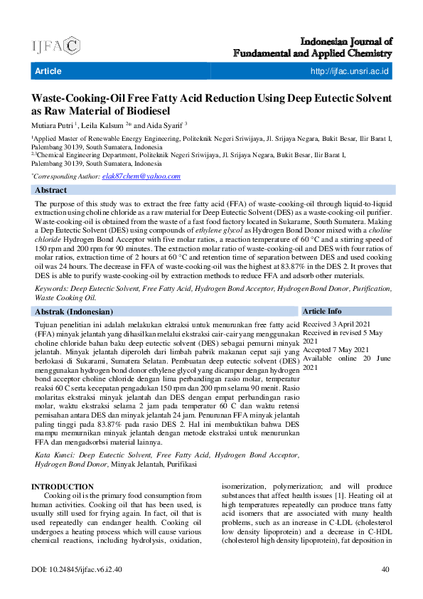 (PDF) Waste-Cooking-Oil Free Fatty Acid Reduction Using Deep Eutectic ...