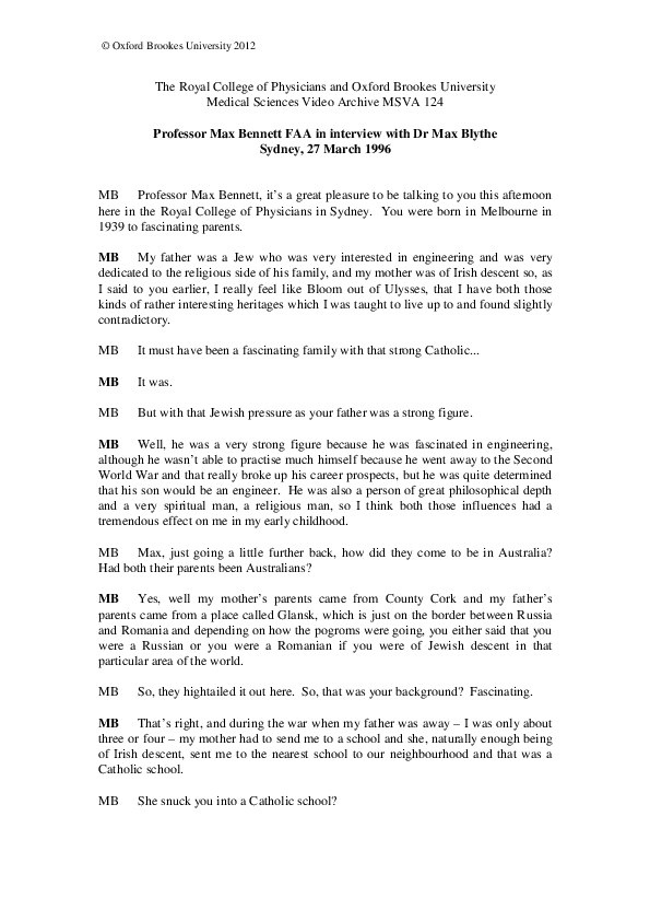 (PDF) Professor Max Bennett FAA in interview with Dr Max Blythe