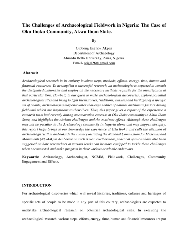 (PDF) The Challenges of Archaeological Fieldwork in Nigeria: The Case ...