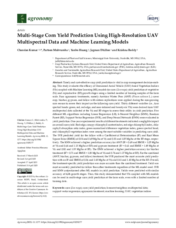 Pdf Multi Stage Corn Yield Prediction Using High Resolution Uav Multispectral Data And Machine