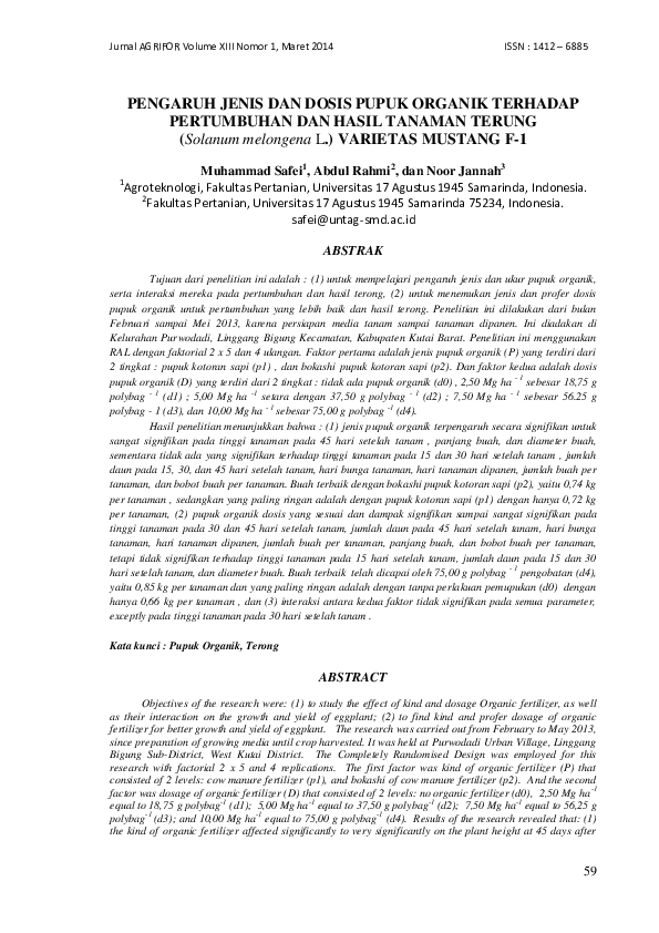 (PDF) PENGARUH JENIS DAN DOSIS PUPUK ORGANIK TERHADAP PERTUMBUHAN DAN HASIL TANAMAN TERUNG ...