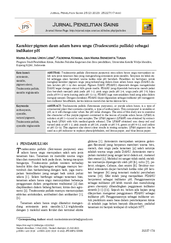 (PDF) Karakter Pigmen Daun Adam Hawa Ungu (Tradescantia pallida ...