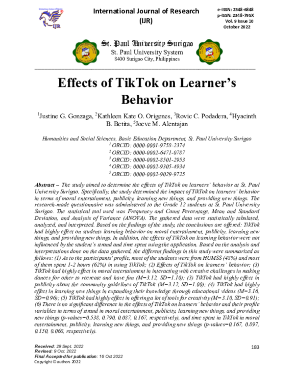 (PDF) Effects of TikTok on Learner's Behavior
