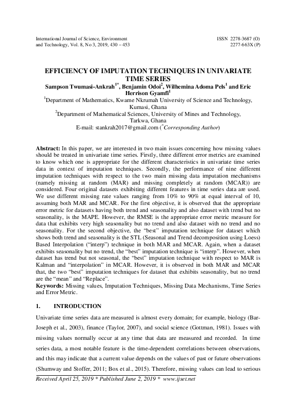 (PDF) EFFICIENCY OF IMPUTATION TECHNIQUES IN UNIVARIATE TIME SERIES | Eric Herrison Gyamfi ...