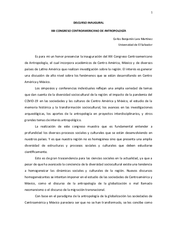 (DOC) DISCURSO INAUGURAL XIII CONGRESO CENTROAMERICANO DE ANTROPOLOGÍA