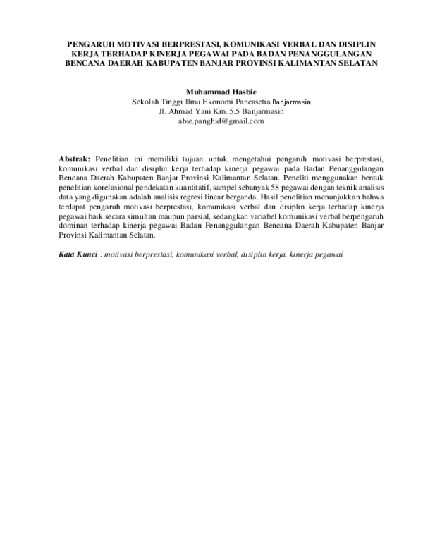 (PDF) Pengaruh Motivasi Berprestasi, Komunikasi Verbal Dan Disiplin Kerja Terhadap Kinerja ...