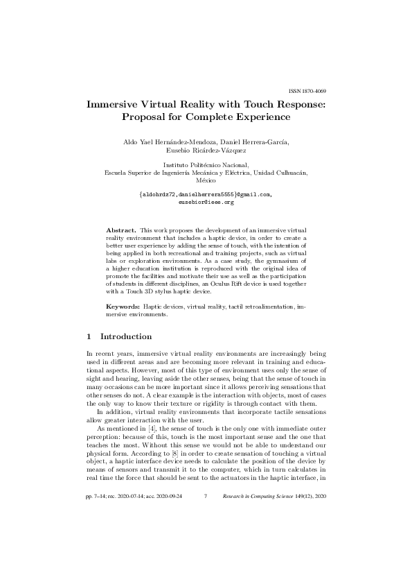 (PDF) Immersive Virtual Reality with Touch Response: Proposal for Complete Experience