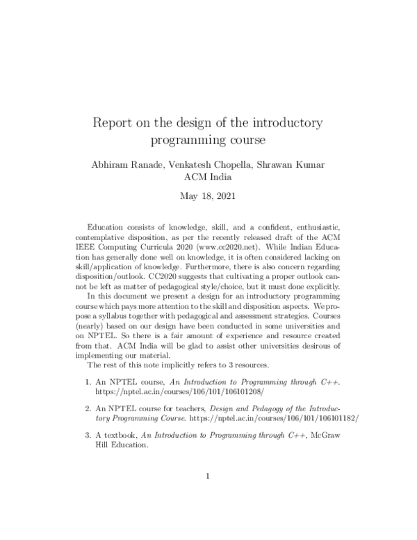 (PDF) Report on the design of the introductory programming course