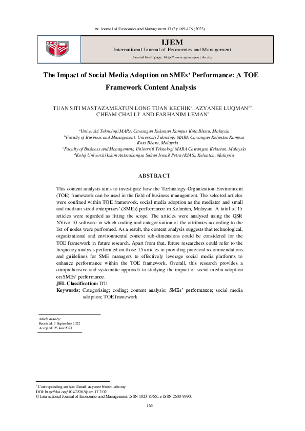 (PDF) The Impact of Social Media Adoption on SMEs' Performance: A TOE ...