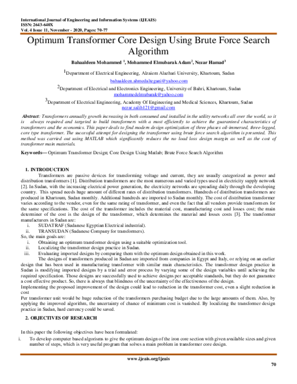 (PDF) Optimum Transformer Core Design Using Brute Force Search Algorithm