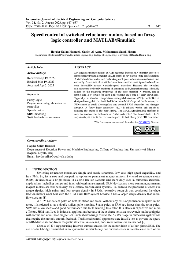 Pdf Speed Control Of Switched Reluctance Motors Based On Fuzzy Logic Controller And Matlab 6581