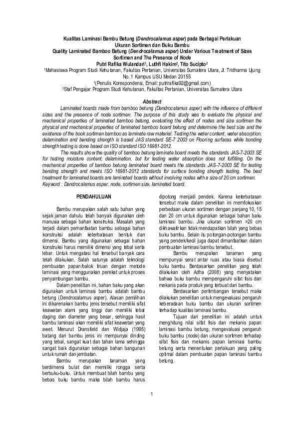 (PDF) Kualitas Laminasi Bambu Betung (Dendrocalamus Asper) Pada ...